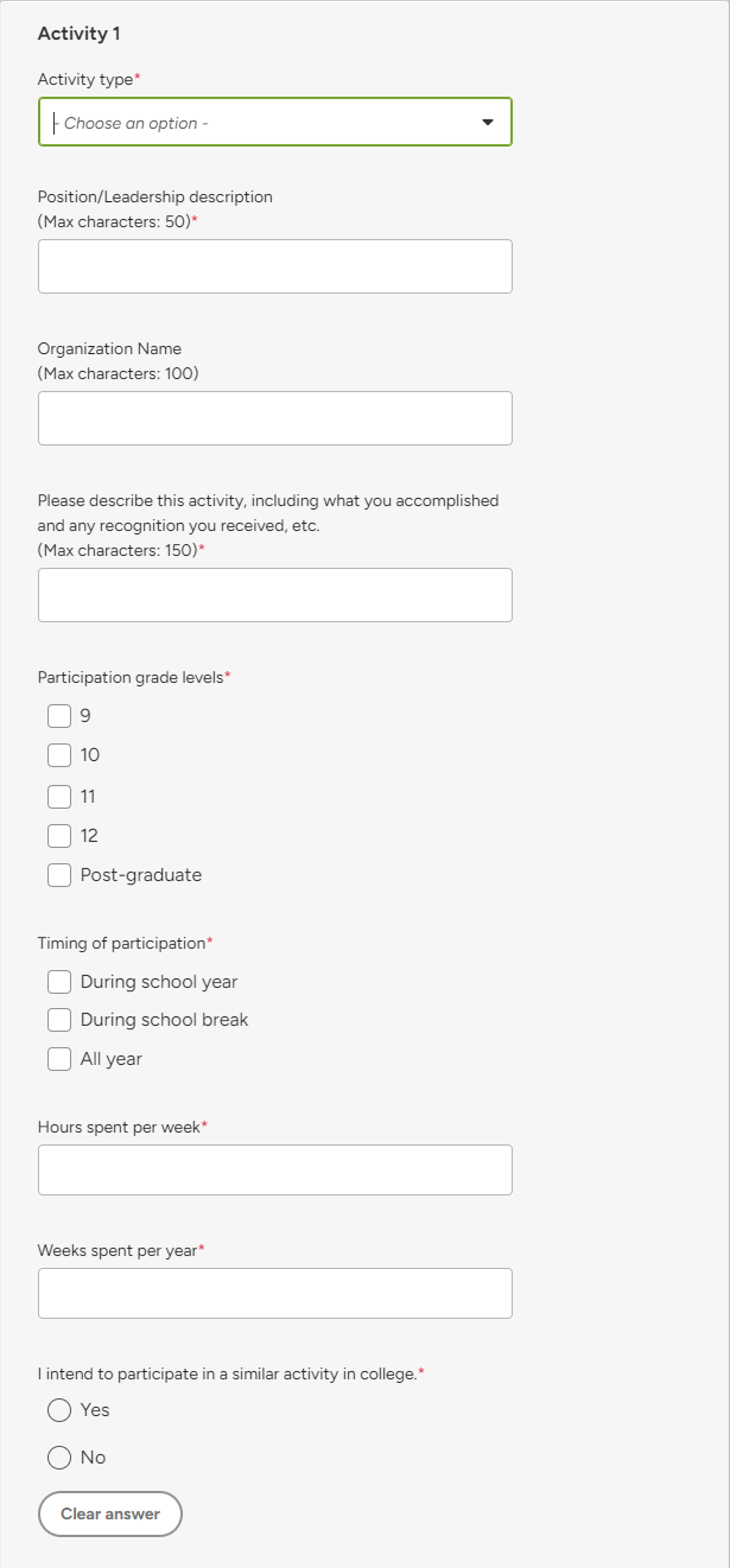College Application Preview - Extracurricular Activities